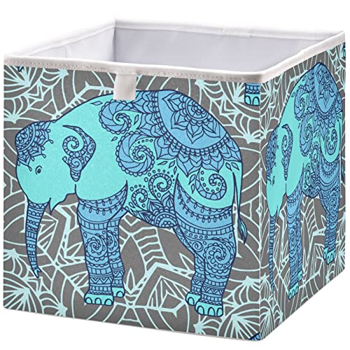 visesunny Closet Baskets Cute Pattern with Blue Elephant Storage Bins Fabric Baskets for Organizing Shelves Foldable Storage Cube Bins for Clothes, Toys, Baby Toiletry, Office Supply