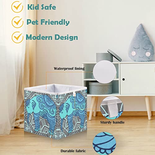 visesunny Closet Baskets Cute Pattern with Blue Elephant Storage Bins Fabric Baskets for Organizing Shelves Foldable Storage Cube Bins for Clothes, Toys, Baby Toiletry, Office Supply