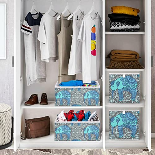 visesunny Closet Baskets Cute Pattern with Blue Elephant Storage Bins Fabric Baskets for Organizing Shelves Foldable Storage Cube Bins for Clothes, Toys, Baby Toiletry, Office Supply