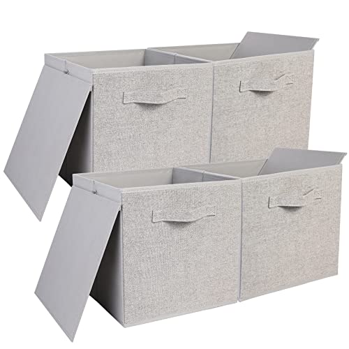 AYVANBER 4 PCS Cube Storage Boxes Foldable Fabric with Handles Shelf Organizer Baskets Bin for Toys Clothes Office Products Nursery Room Home Closet Drawers (Light Grey)