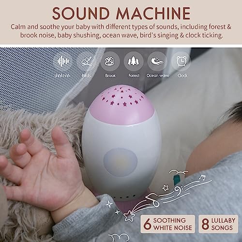 Nueplay Baby Sleep Soother with Lullaby Songs & White Noises, Star Projector for Kids Room Decor, Baby Nursery Night Lights, Portable Sound Machine for Toddlers, Baby Essentials for Girls(Pink)