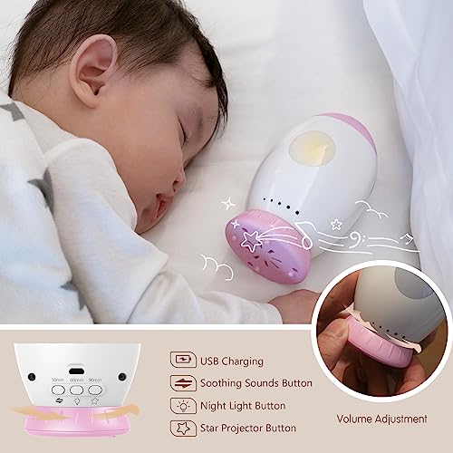 Nueplay Baby Sleep Soother with Lullaby Songs & White Noises, Star Projector for Kids Room Decor, Baby Nursery Night Lights, Portable Sound Machine for Toddlers, Baby Essentials for Girls(Pink)