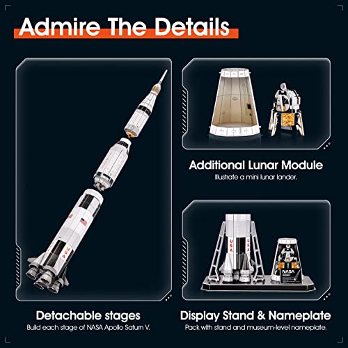 NASA Apollo Saturn V 3D Puzzles for Adults Kids Space Toys for Boys 5-8 Rocket Ship Building Puzzles for Kids Ages 8-10 12-14 Crafts for Adult Space Exploration Puzzle Model Kit Building, 136 Pieces