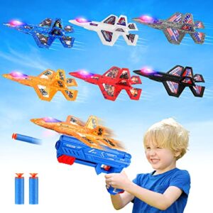 6 pack airplane launcher toy,7.4" f-35 foam led catapult plane with 6 stickers for kids outdoor flying toys birthday gifts for 4 5 6 7 8 9 10 12 year old boys girls