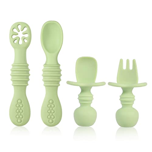 4pcs Silicone Baby Spoons Self Feeding 6+ Months, BPA Free Baby Led Weaning Spoons Training Spoon Toddler Self Feeding Utensils for 6-12 Months Babies (Matcha Green)