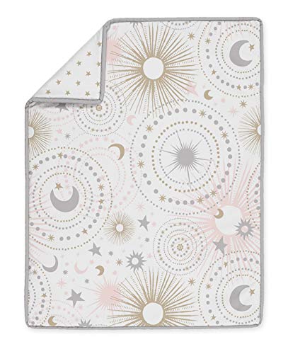 Sweet Jojo Designs Blush Pink Gold Star and Moon Girl Baby Crib Bedding Set for Infant Nursery Room Quilt, Fitted Sheet, Skirt, Diaper Stacker - 5pc - Grey Celestial Sky Stars Gray Shabby Chic