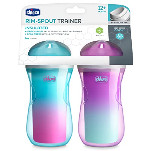 Chicco Insulated Rim Spout Trainer Spill-Free Baby Sippy Cup 9oz Pink/Teal/Purple Ombre 12m+ (2pk)