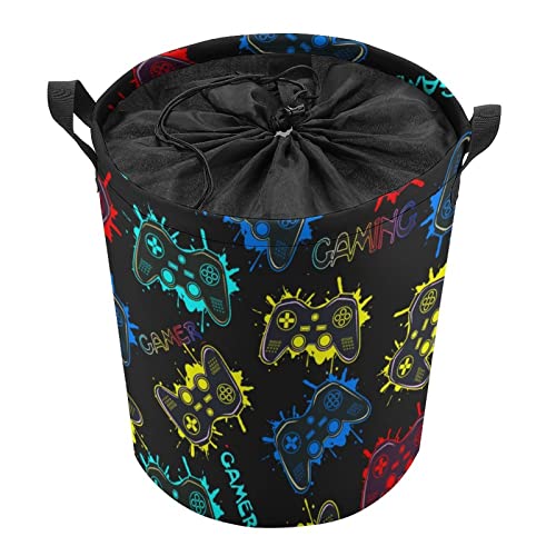 Gamer Play Gaming Laundry Basket With Drawstring, Colorful Controller Collapsible Storage Basket Boys Kids Room Laundry Nursery Hamper Bathroom