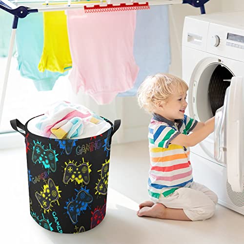 Gamer Play Gaming Laundry Basket With Drawstring, Colorful Controller Collapsible Storage Basket Boys Kids Room Laundry Nursery Hamper Bathroom