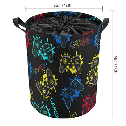 Gamer Play Gaming Laundry Basket With Drawstring, Colorful Controller Collapsible Storage Basket Boys Kids Room Laundry Nursery Hamper Bathroom