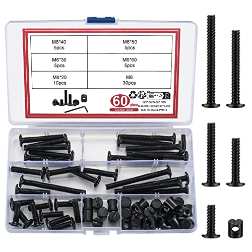 60 Pcs Crib Hardware Screws, Baby Bed Crib Screws Hardware Replacement Kit, Hex Socket Head Cap Crib Baby Bed Bolt and Barrel Nuts for Chair Cabinets Furniture Cots Cribs, M6x(20/30/40/50/60mm)