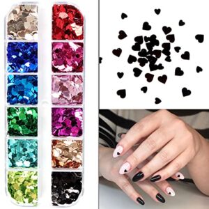 12 Grids 3D Heart Nail Glitter Sequins Holographic Laser Heart Nail Art Decals Love Nail Stickers Valentines Day Nail Glitter Flakes Red Silver Rose Gold Heart Glitter Design Nail Art Decoration