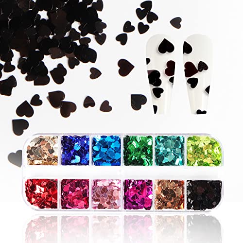 12 Grids 3D Heart Nail Glitter Sequins Holographic Laser Heart Nail Art Decals Love Nail Stickers Valentines Day Nail Glitter Flakes Red Silver Rose Gold Heart Glitter Design Nail Art Decoration