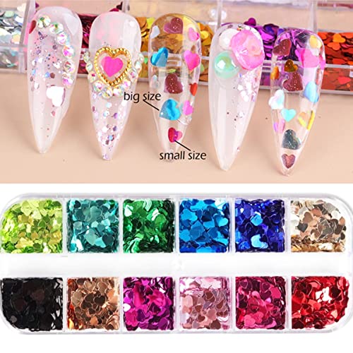 12 Grids 3D Heart Nail Glitter Sequins Holographic Laser Heart Nail Art Decals Love Nail Stickers Valentines Day Nail Glitter Flakes Red Silver Rose Gold Heart Glitter Design Nail Art Decoration