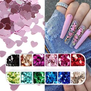 12 Grids 3D Heart Nail Glitter Sequins Holographic Laser Heart Nail Art Decals Love Nail Stickers Valentines Day Nail Glitter Flakes Red Silver Rose Gold Heart Glitter Design Nail Art Decoration