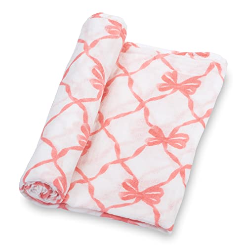 LollyBanks Swaddle Blanket | 100% Muslin Cotton | Newborn and Baby Nursery Essentials for Girls, Registry | Pink Bow Print