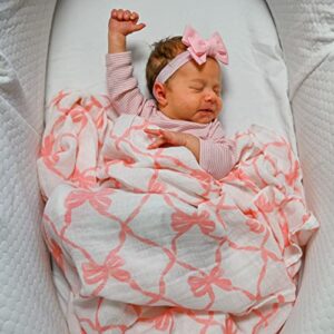 LollyBanks Swaddle Blanket | 100% Muslin Cotton | Newborn and Baby Nursery Essentials for Girls, Registry | Pink Bow Print