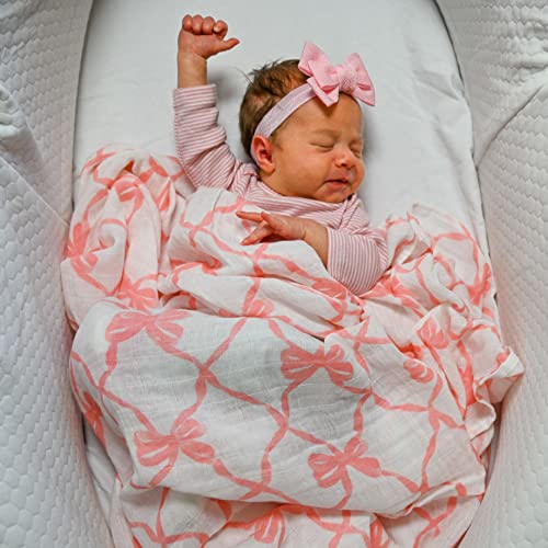 LollyBanks Swaddle Blanket | 100% Muslin Cotton | Newborn and Baby Nursery Essentials for Girls, Registry | Pink Bow Print