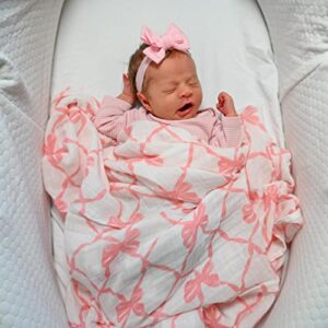 LollyBanks Swaddle Blanket | 100% Muslin Cotton | Newborn and Baby Nursery Essentials for Girls, Registry | Pink Bow Print