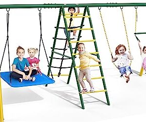 Swing Sets for Backyard, Osoeri 6 in 1 Swing Set, 440 lbs Heavy-Duty Metal Swing Sets for Backyard with Two Swings, Climbing Ladder and Nets, Trapeze Bar and Basketball Hoop