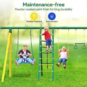 Swing Sets for Backyard, Osoeri 6 in 1 Swing Set, 440 lbs Heavy-Duty Metal Swing Sets for Backyard with Two Swings, Climbing Ladder and Nets, Trapeze Bar and Basketball Hoop