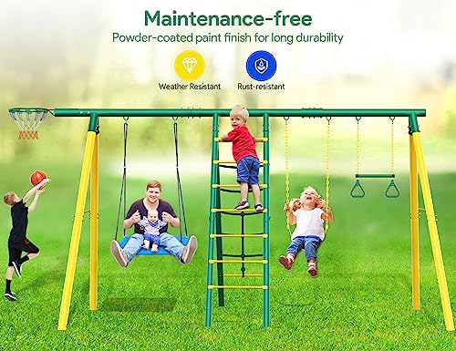 Swing Sets for Backyard, Osoeri 6 in 1 Swing Set, 440 lbs Heavy-Duty Metal Swing Sets for Backyard with Two Swings, Climbing Ladder and Nets, Trapeze Bar and Basketball Hoop