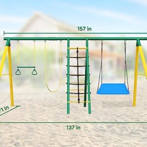 Swing Sets for Backyard, Osoeri 6 in 1 Swing Set, 440 lbs Heavy-Duty Metal Swing Sets for Backyard with Two Swings, Climbing Ladder and Nets, Trapeze Bar and Basketball Hoop