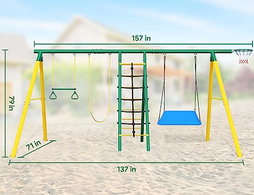 Swing Sets for Backyard, Osoeri 6 in 1 Swing Set, 440 lbs Heavy-Duty Metal Swing Sets for Backyard with Two Swings, Climbing Ladder and Nets, Trapeze Bar and Basketball Hoop