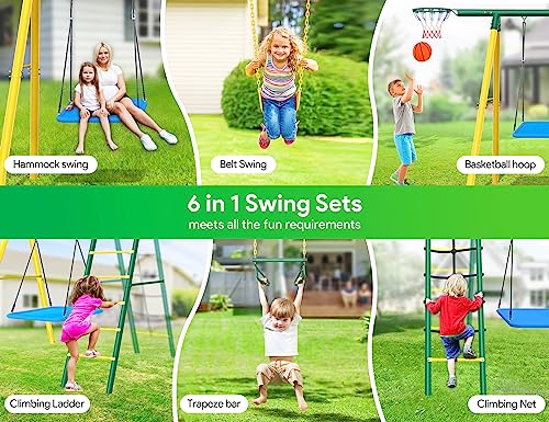 Swing Sets for Backyard, Osoeri 6 in 1 Swing Set, 440 lbs Heavy-Duty Metal Swing Sets for Backyard with Two Swings, Climbing Ladder and Nets, Trapeze Bar and Basketball Hoop