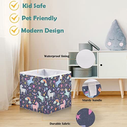 visesunny Closet Baskets Unicorn Rainbow Heart Star Storage Bins Fabric Baskets for Organizing Shelves Foldable Storage Cube Bins for Clothes, Toys, Baby Toiletry, Office Supply