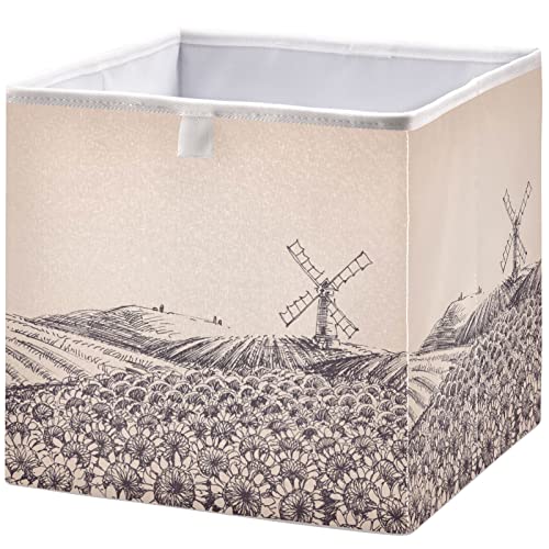 visesunny Closet Baskets Sunflower Hill Artistic Landscape Windmill Storage Bins Fabric Baskets for Organizing Shelves Foldable Storage Cube Bins for Clothes, Toys, Baby Toiletry, Office Supply