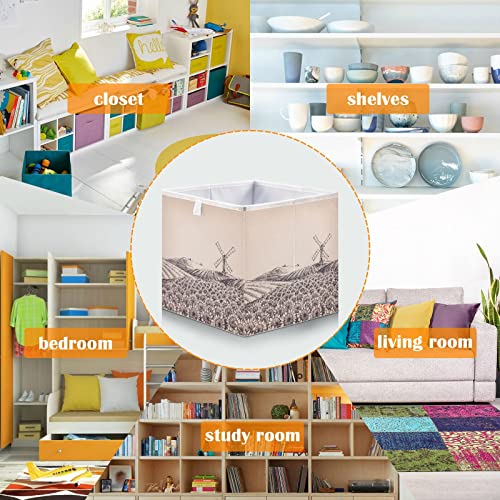 visesunny Closet Baskets Sunflower Hill Artistic Landscape Windmill Storage Bins Fabric Baskets for Organizing Shelves Foldable Storage Cube Bins for Clothes, Toys, Baby Toiletry, Office Supply