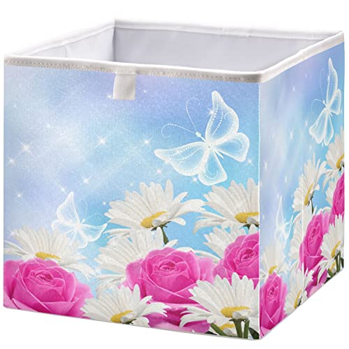 visesunny Closet Baskets Butterfly Rose Daisy Storage Bins Fabric Baskets for Organizing Shelves Foldable Storage Cube Bins for Clothes, Toys, Baby Toiletry, Office Supply