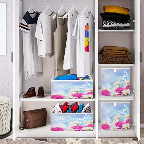 visesunny Closet Baskets Butterfly Rose Daisy Storage Bins Fabric Baskets for Organizing Shelves Foldable Storage Cube Bins for Clothes, Toys, Baby Toiletry, Office Supply