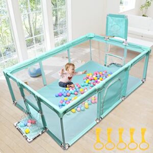 playpen for babies and toddlers, goldge extra large playpen 63x47x26 inch with 50pcs balls and 5 pcs pull up rings, baby play pen, infant play yard, playard, kids play area