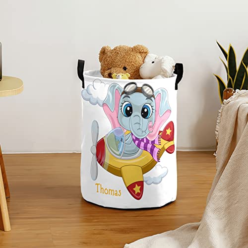 Elephant Pilot Plane Personalized Laundry Hamper ,Custom Name Collapsible Waterproof Laundry Basket Storage Bins with Handle for Clothes,Toy,Nursery