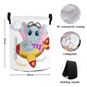 Elephant Pilot Plane Personalized Laundry Hamper ,Custom Name Collapsible Waterproof Laundry Basket Storage Bins with Handle for Clothes,Toy,Nursery