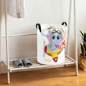 Elephant Pilot Plane Personalized Laundry Hamper ,Custom Name Collapsible Waterproof Laundry Basket Storage Bins with Handle for Clothes,Toy,Nursery