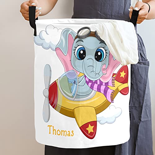 Elephant Pilot Plane Personalized Laundry Hamper ,Custom Name Collapsible Waterproof Laundry Basket Storage Bins with Handle for Clothes,Toy,Nursery