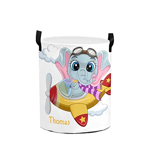 Elephant Pilot Plane Personalized Laundry Hamper ,Custom Name Collapsible Waterproof Laundry Basket Storage Bins with Handle for Clothes,Toy,Nursery