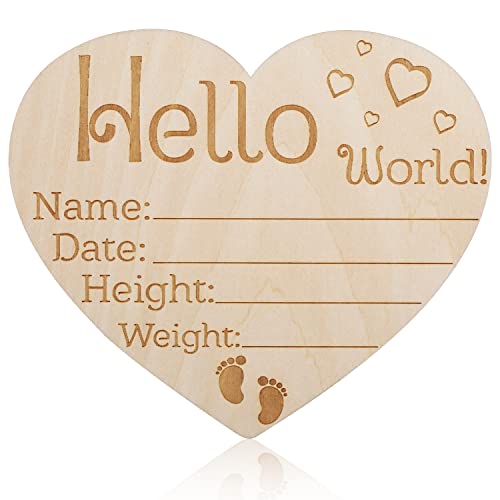 AIEX Wooden Baby Announcement Sign, Love Heart Shaped Hello World Plaque Newborn Baby Birth Sign Board Wooden Newborn Welcome Sign for Hospital Nursery Photo Prop Baby Shower