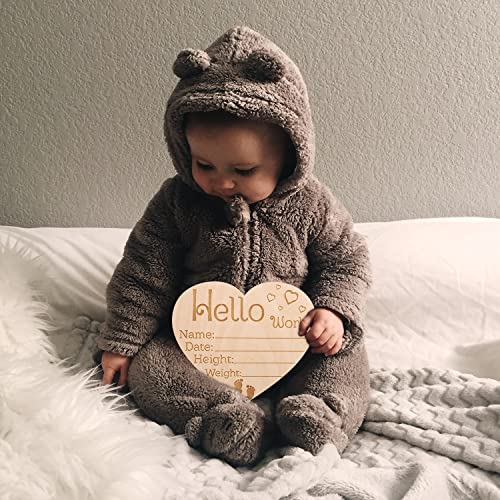 AIEX Wooden Baby Announcement Sign, Love Heart Shaped Hello World Plaque Newborn Baby Birth Sign Board Wooden Newborn Welcome Sign for Hospital Nursery Photo Prop Baby Shower