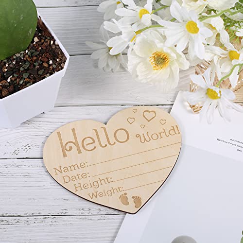 AIEX Wooden Baby Announcement Sign, Love Heart Shaped Hello World Plaque Newborn Baby Birth Sign Board Wooden Newborn Welcome Sign for Hospital Nursery Photo Prop Baby Shower