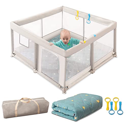 Baby Playpen with Mat, Baby Playyard with Mat 2.2lb Thicker Cotton Play Mat, Easy to Install Playyard with Mat, Sturdy Playpen with 0.2IN Protection Cover, Storage Bag,4 Pull Rings Grey