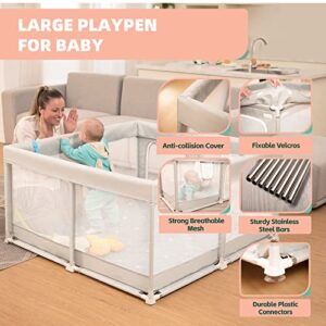 Baby Playpen with Mat, Baby Playyard with Mat 2.2lb Thicker Cotton Play Mat, Easy to Install Playyard with Mat, Sturdy Playpen with 0.2IN Protection Cover, Storage Bag,4 Pull Rings Grey