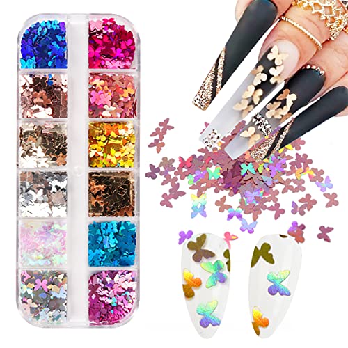 12 Grids Holographic Butterfly Nail Art Glitter Sequins 3D Sparkly Laser Butterflies Glitter for Acrylic Nail Design Manicure Paillettes Ultrathin Face Body Decoration Accessories