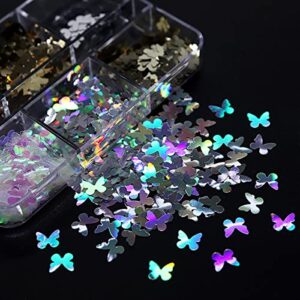 12 Grids Holographic Butterfly Nail Art Glitter Sequins 3D Sparkly Laser Butterflies Glitter for Acrylic Nail Design Manicure Paillettes Ultrathin Face Body Decoration Accessories