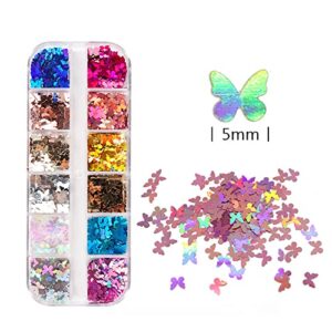 12 Grids Holographic Butterfly Nail Art Glitter Sequins 3D Sparkly Laser Butterflies Glitter for Acrylic Nail Design Manicure Paillettes Ultrathin Face Body Decoration Accessories