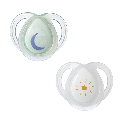 Tommee Tippee Night Time Glow in The Dark Pacifiers, Symmetrical Design, BPA-Free Silicone Nipple, Includes Sterilizer Box, 0-6m, 2 Count