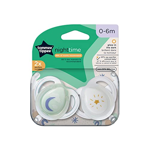 Tommee Tippee Night Time Glow in The Dark Pacifiers, Symmetrical Design, BPA-Free Silicone Nipple, Includes Sterilizer Box, 0-6m, 2 Count